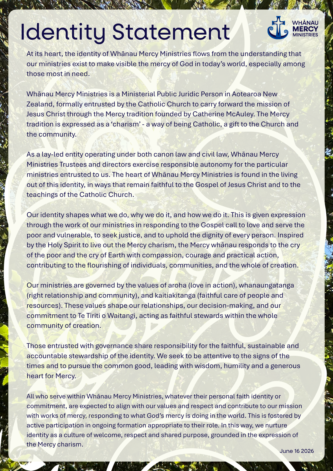 Whānau Mercy Ministries Identity Statement - Whanau Mercy Ministries
